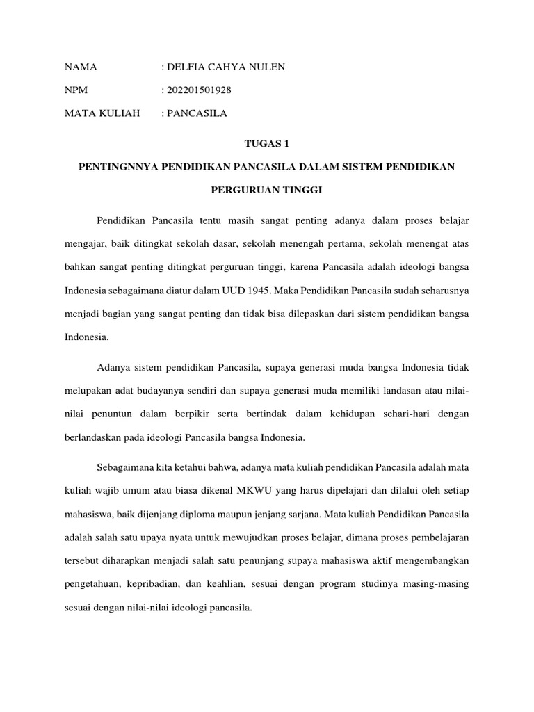 Tugas 1 MK Pancasila - Delfia Cahya Nulen | PDF