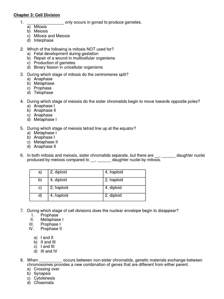 Chapter 3 Cell Division MCQ | PDF | Meiosis | Mitosis