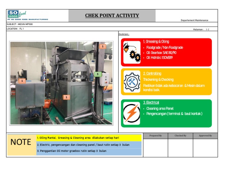 Maintenance Checklist for MP500 Machine at Floor 1 Outlining Greasing ...