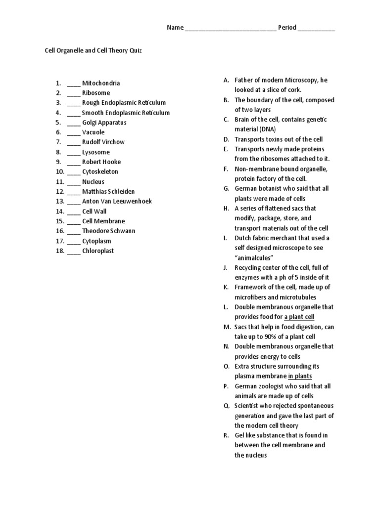 Cell Organelle & Theory Quiz | PDF | Cell (Biology) | Organelle