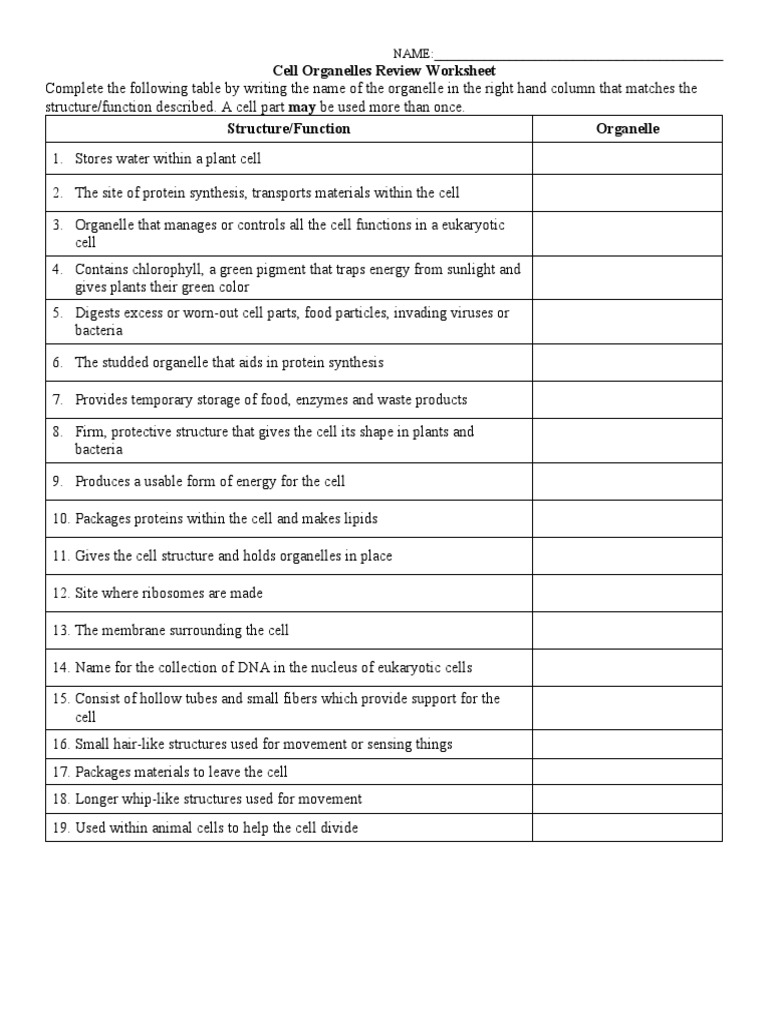 Cell Organelles & Functions Worksheet | PDF | Cell (Biology) | Organelle