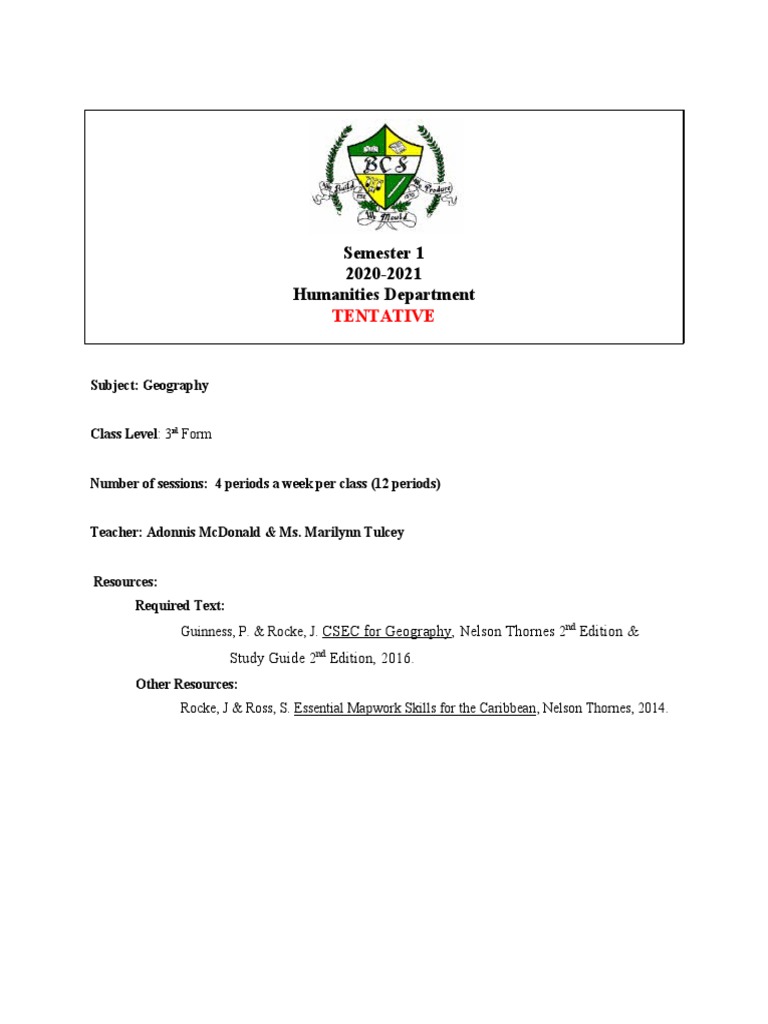 Third Form Students Course Outline - Geography Semseter 1 2020 - 2021 ...