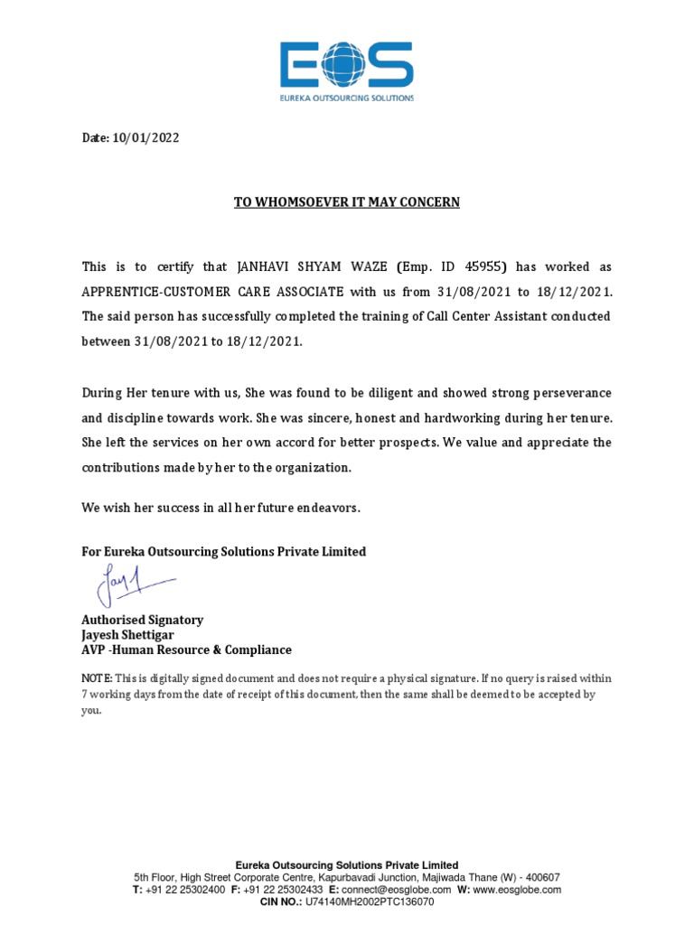JANHAVI SHYAM WAZE (45955) - Experience Letter - Experience Letter ...