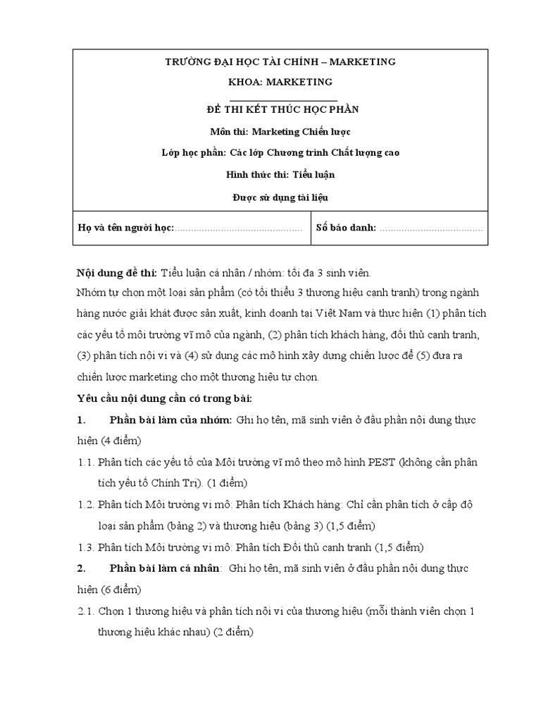 DeThi Marketing-Chien-luoc CLC HK3 2022 | PDF