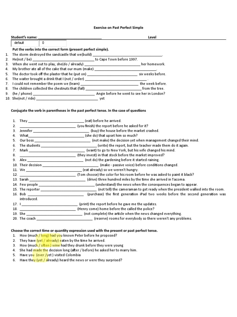 Past Perfect Exercises | PDF | Linguistic Morphology | Language Mechanics