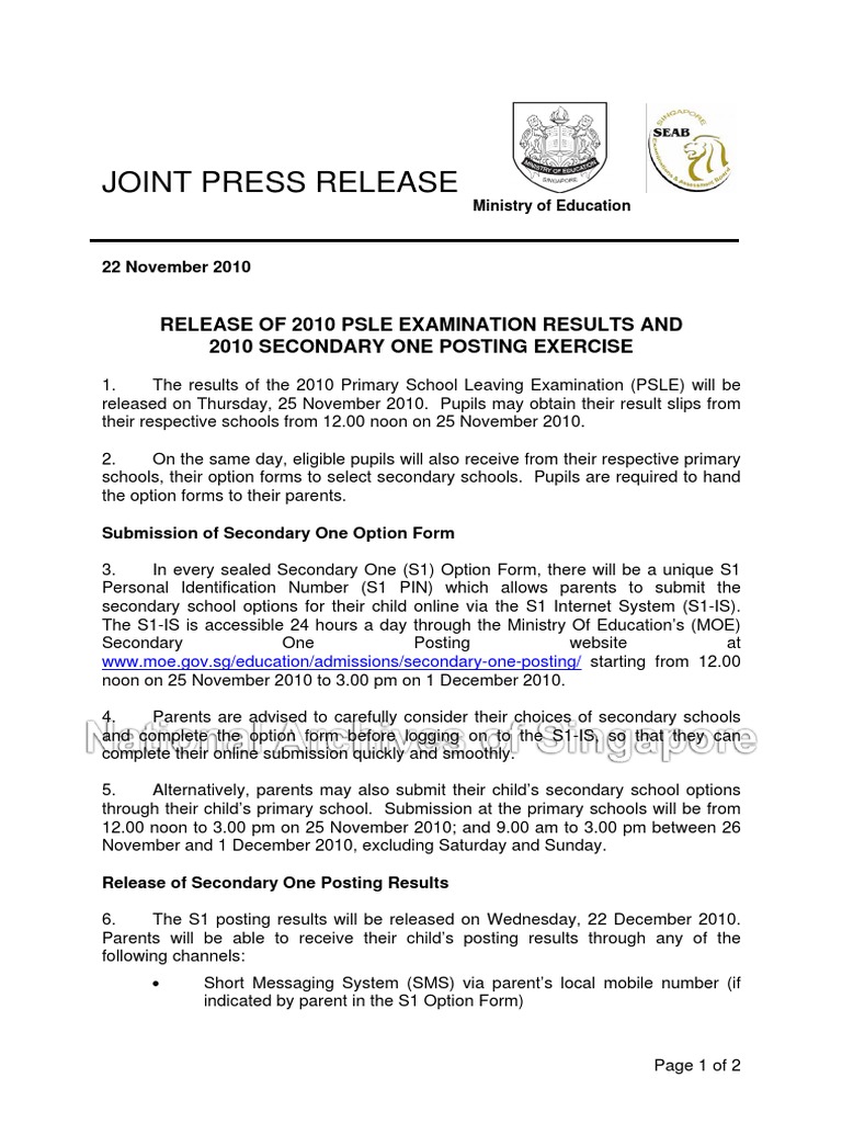 2010 Press Release Date of Release of Psle Results Sec 1 Posting Ex (22 ...