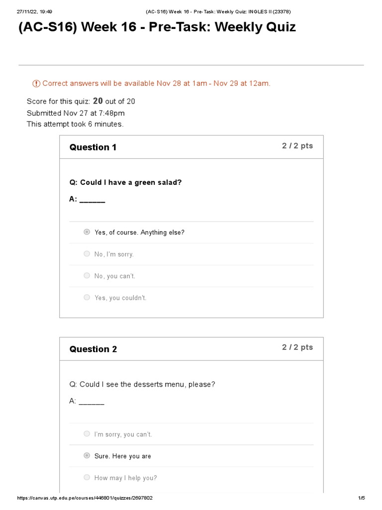 (AC-S16) Week 16 - Pre-Task - Weekly Quiz - INGLES II (23378) | PDF | Cuisine | Foods