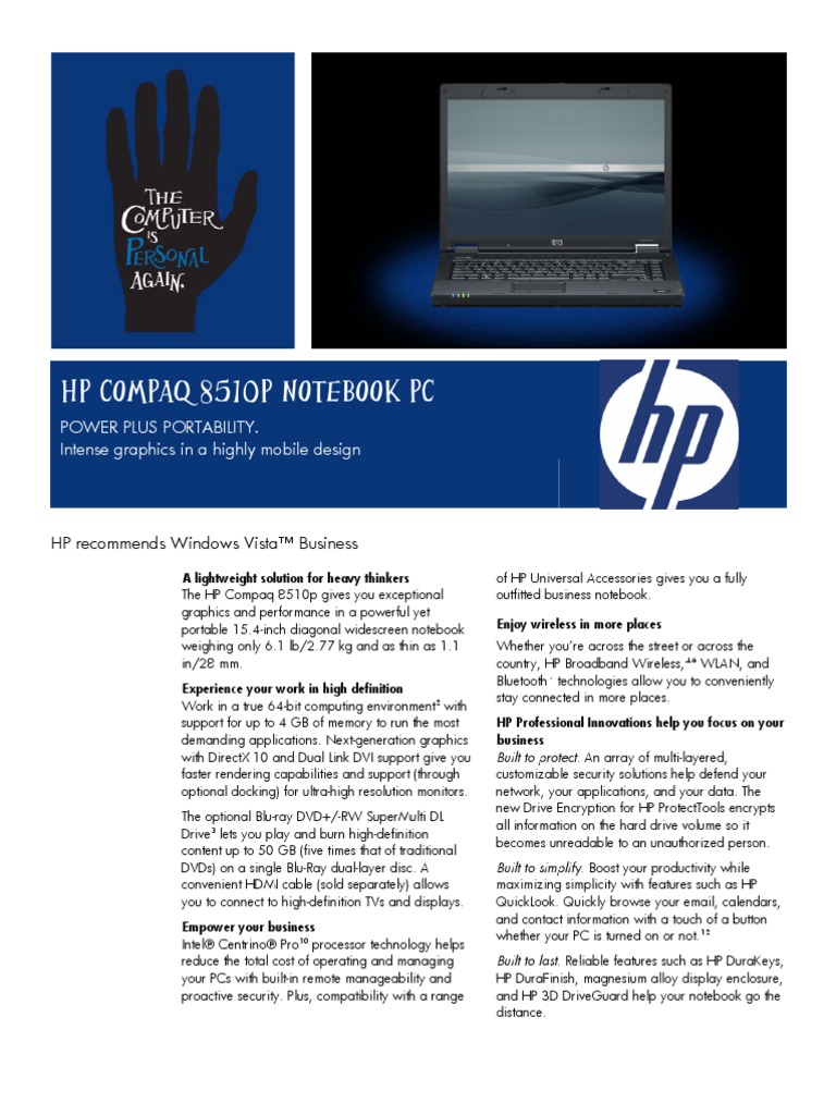 Especificaciones HP - 8510p | PDF | Laptop | Windows Vista