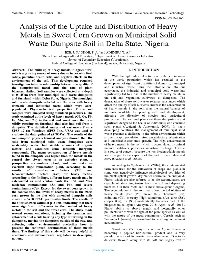 Analysis of The Uptake and Distribution of Heavy Metals in Sweet Corn Grown On Municipal Solid ...