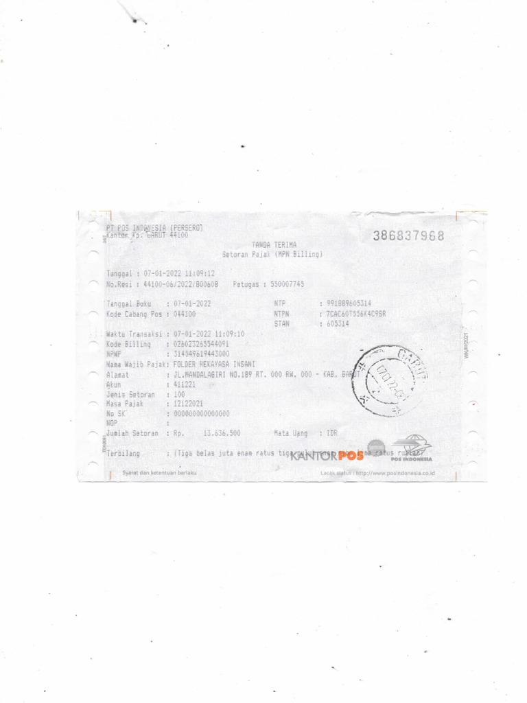 Bukti Setor Pajak Kantor Pos | PDF