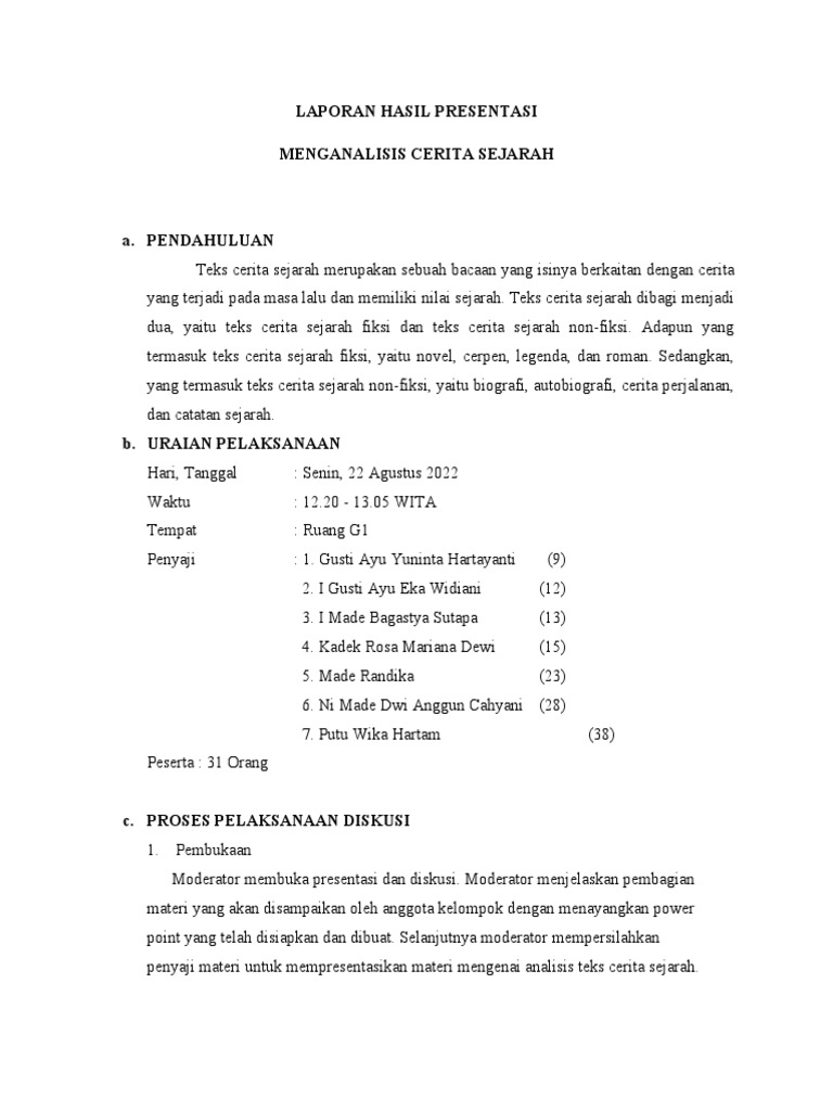 Laporan Hasil Presentasi Menganalisis Cerita Sejarah | PDF