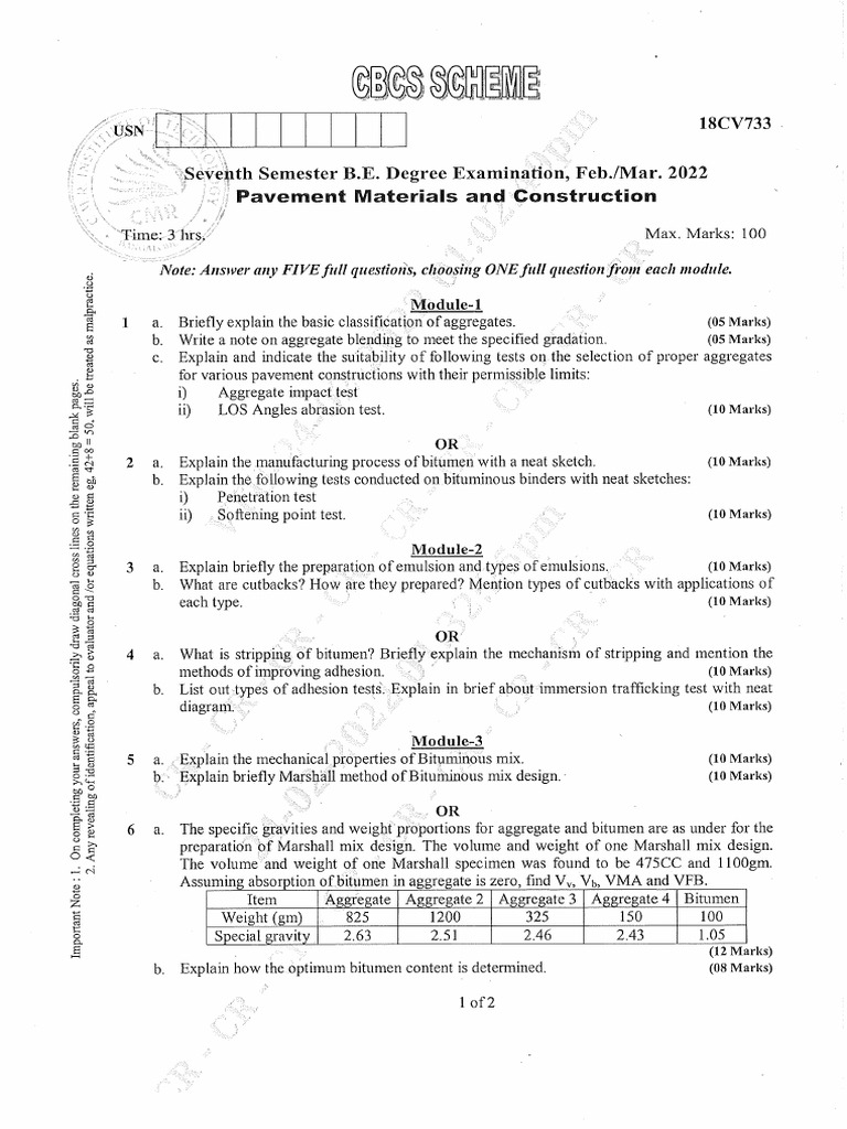 VTU Question Paper of 18CV733 Pavement Materials - Construction Feb-2022 | PDF