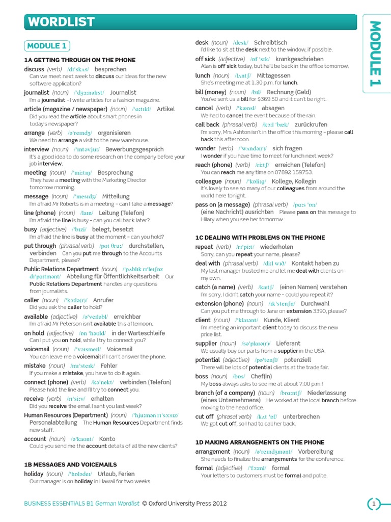 Business Essentials B1 German Wordlist | PDF | Verb | Adjective