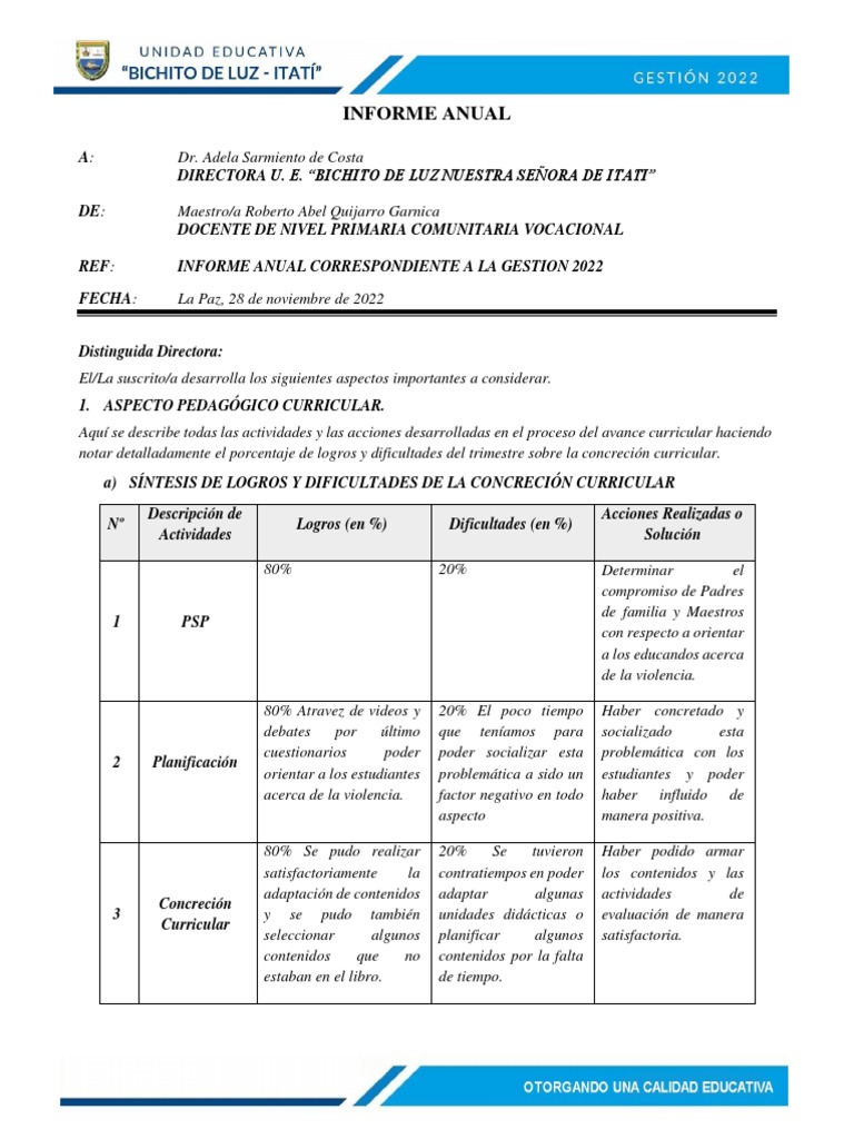Informe Anual PRIMARIA | PDF