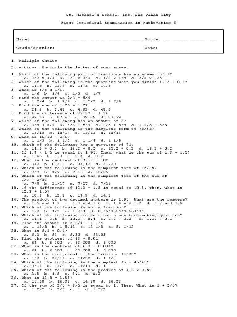 Math 6 - 1st Periodical Test | PDF | Odds | Mathematics
