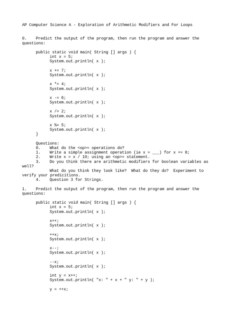 AP Computer Science - Exploring Arithmetic Modifiers and For Loops | PDF | Control Flow ...