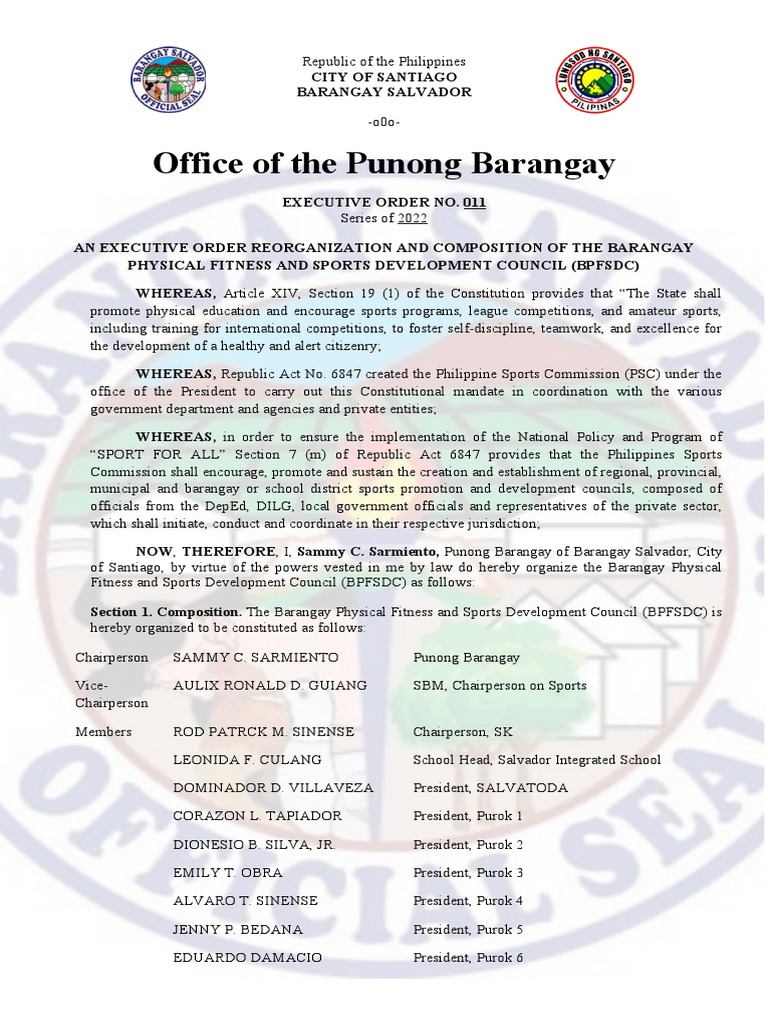 Executive Order No. 011 S. 2022 - REORGANIZATION AND COMPOSITION OF THE ...