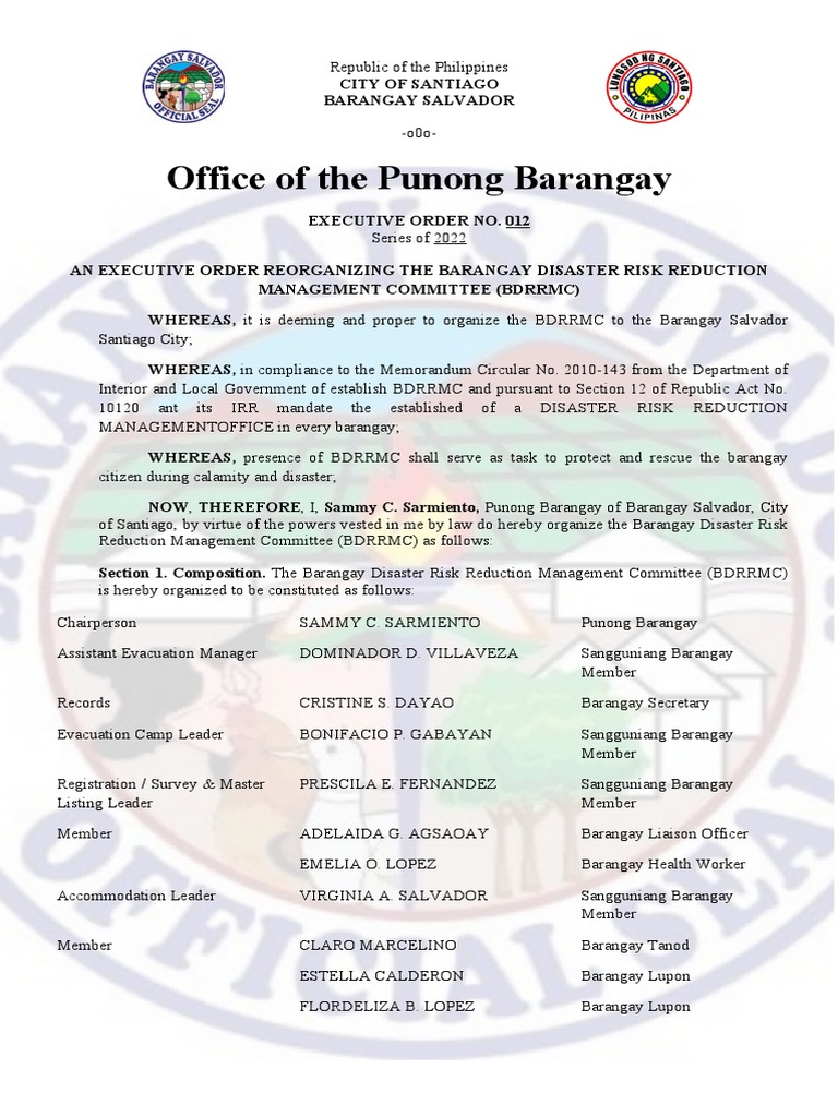 Reorganization of BDRRMC in Barangay Salvador | PDF | Government ...