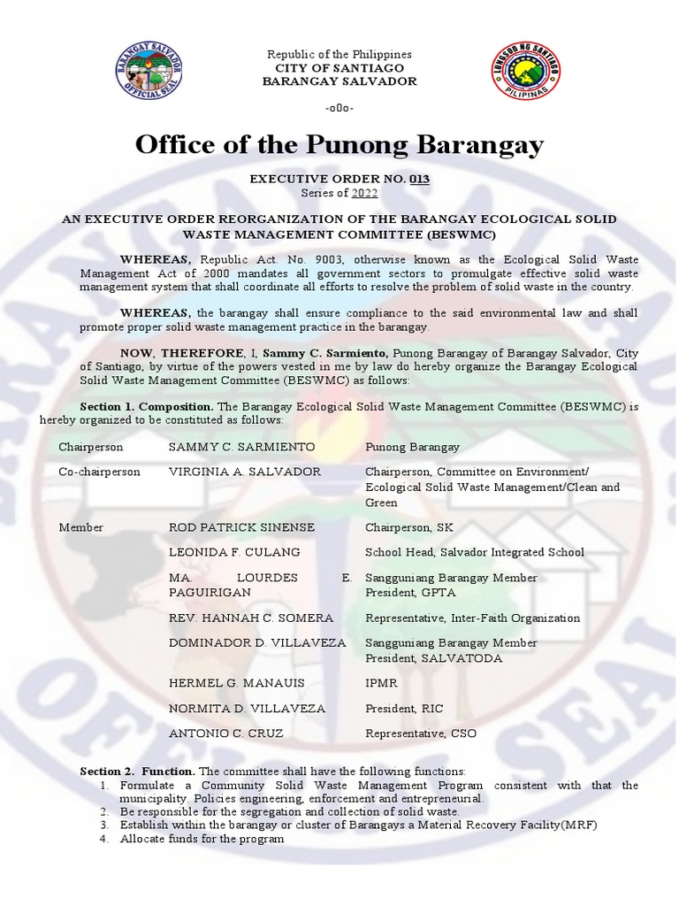Executive Order No. 013 S. 2022 - REORGANIZATION OF THE BARANGAY ...