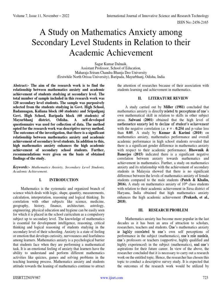 A Study On Mathematics Anxiety Among Secondary Level Students in Relation To Their Academic ...