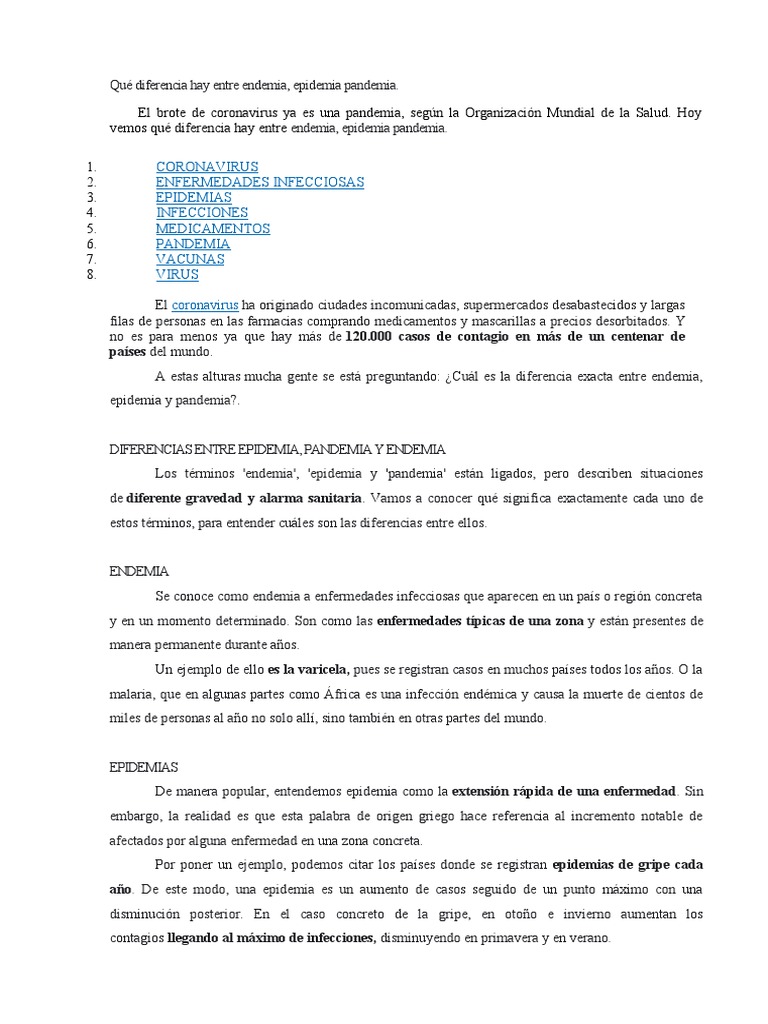 Diferencias: Endemia, Epidemia, Pandemia | PDF | Pandemia | Influenza