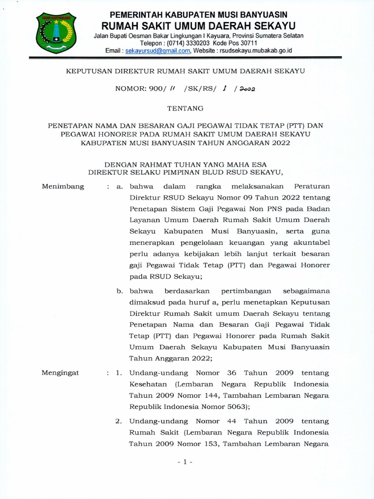 SK Dir No 900 - 11 - SK - RS - I - 2022 TTG Gaji PTT Dan Honorer (Jan) Ta 2022 - Oke | PDF