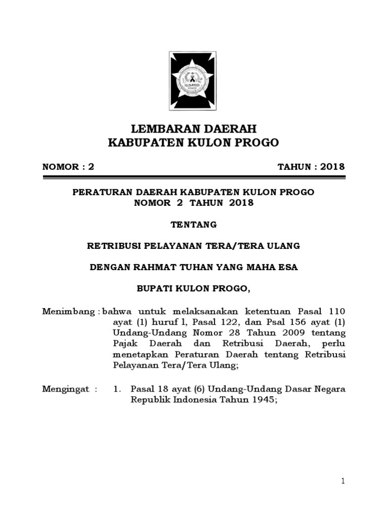 Perda Kab - Kulon Progo No.2 Tahun 2018 TTG Retribusi Pelayanan Tera ... Perda Kab - Kulon Progo No.2 Tahun 2018 TTG Retribusi Pelayanan Tera ...