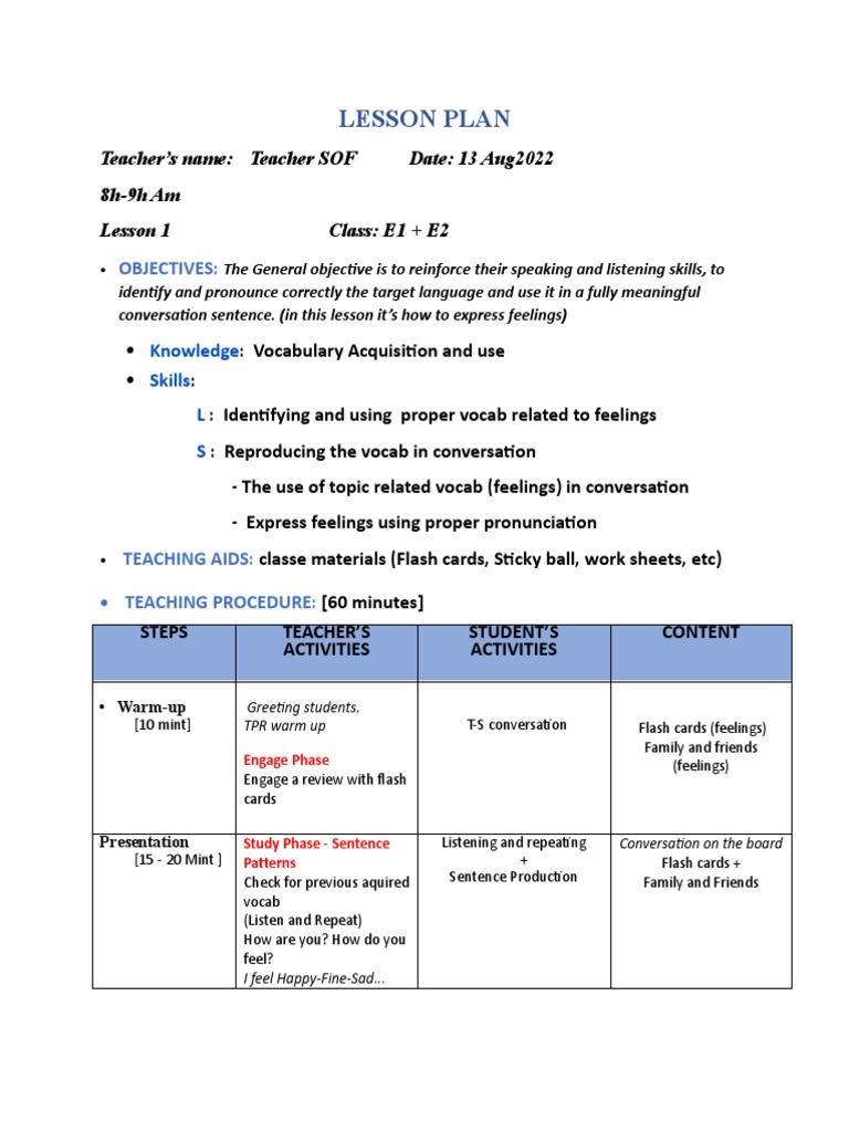 Lesson Plan 1 Feelings | PDF | Vocabulary | Lesson Plan