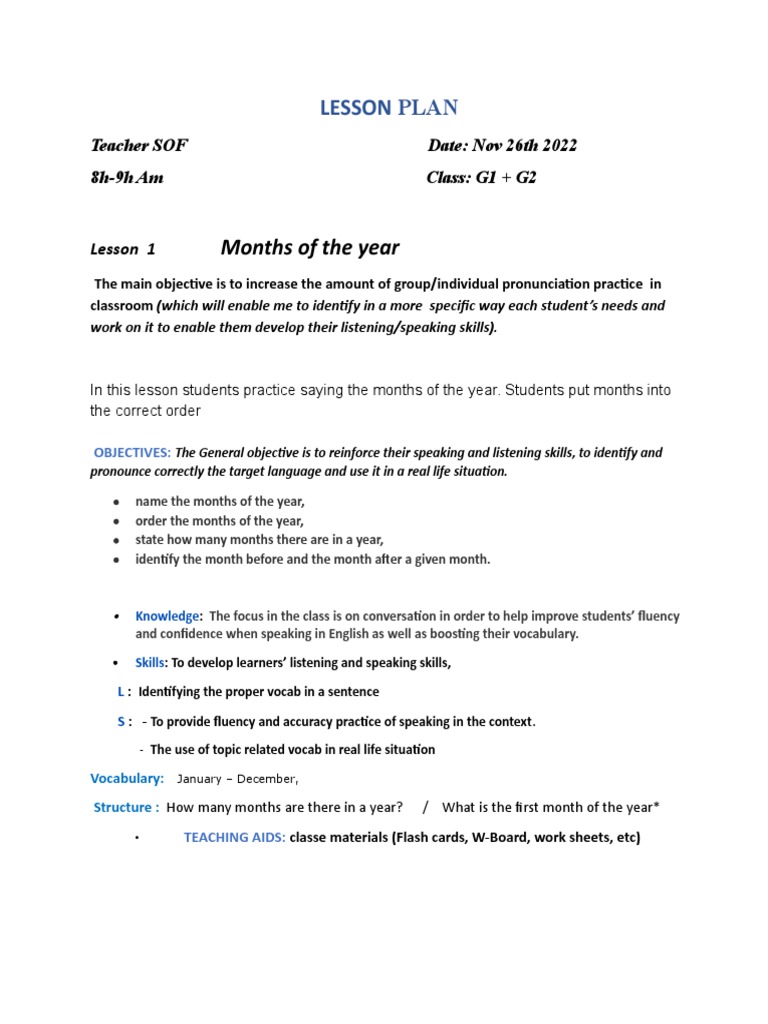 G1 + G2 Months of The Year L1 | PDF | Vocabulary | Fluency