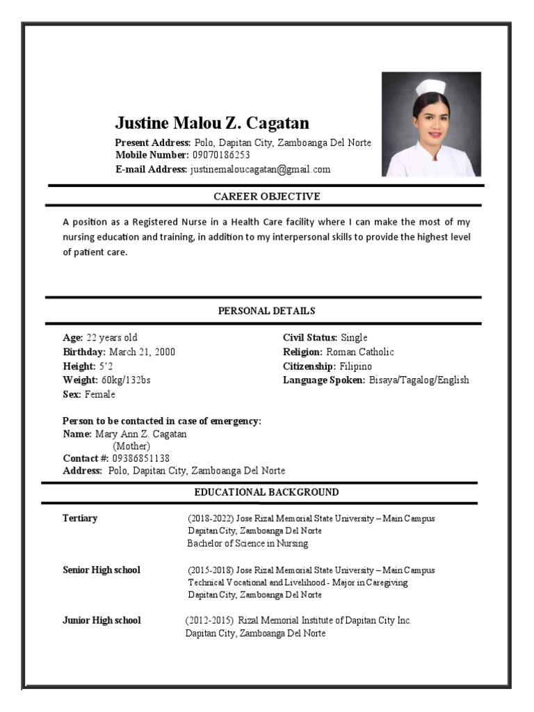Justine Malou Z. Cagatan Nursing Resume | PDF | Nursing | Hospital