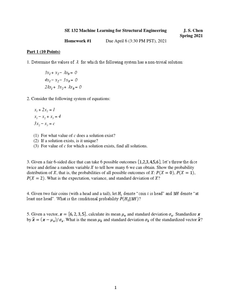 SE 132 Machine Learning For Structural Engineering J. S. Chen Spring 2021 Homework #1 Part 1 (10 ...