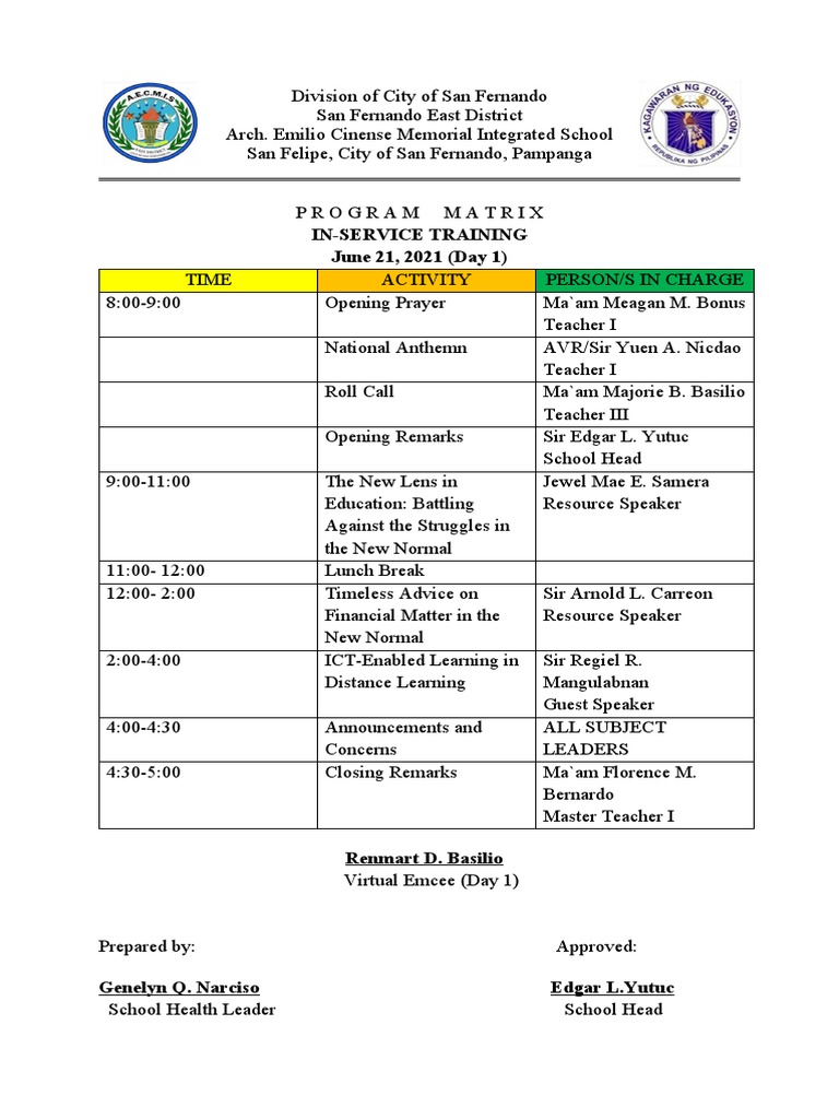 In-Service Training Program at Arch. Emilio Cinense Memorial School | PDF