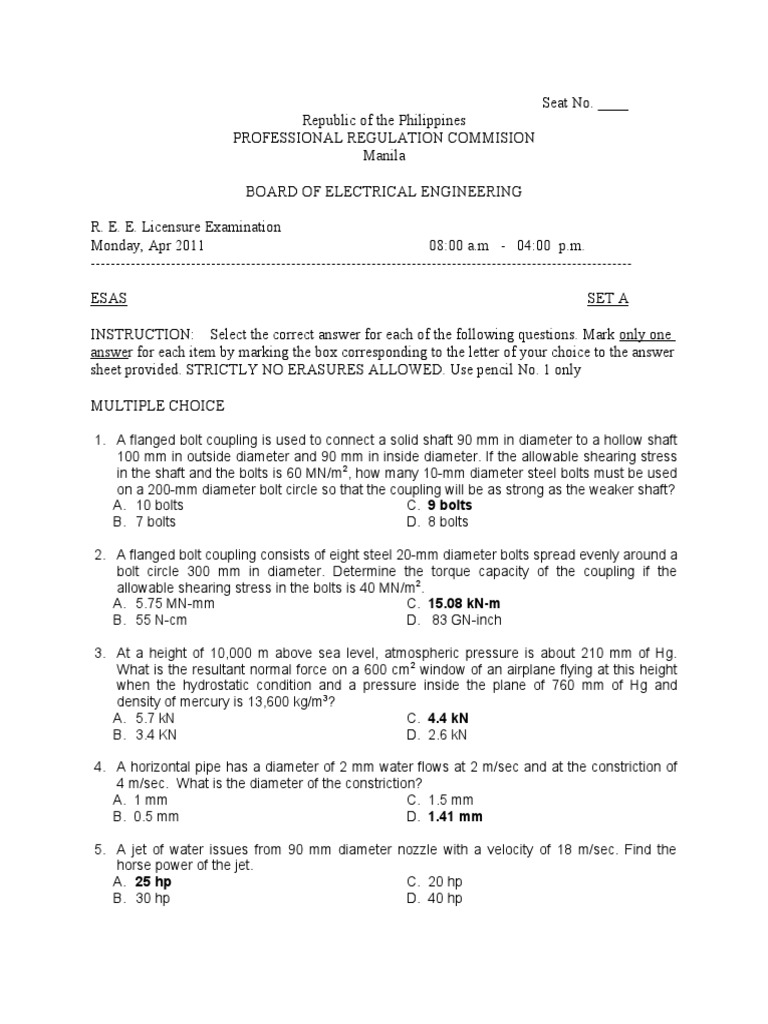 Apr 2011 EE Board Exam ESAS 2 | PDF | Fluid Dynamics | Gases