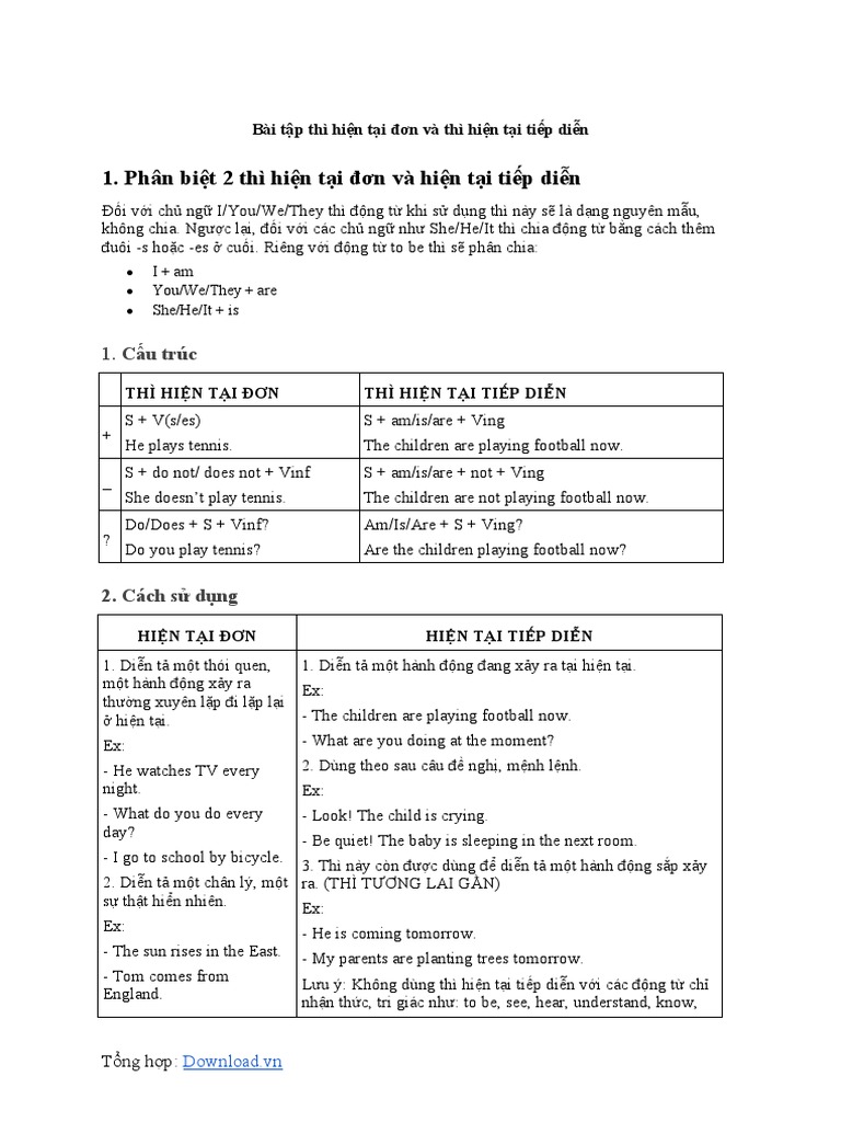 Bai Tap Hien Tai Don Va Thi Hien Tai Tiep Dien | PDF
