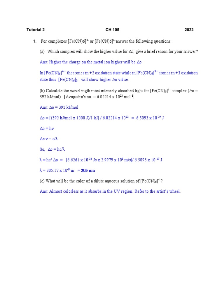 CH105 Tutorial 2 2022 Solutions | PDF | Science & Mathematics ...