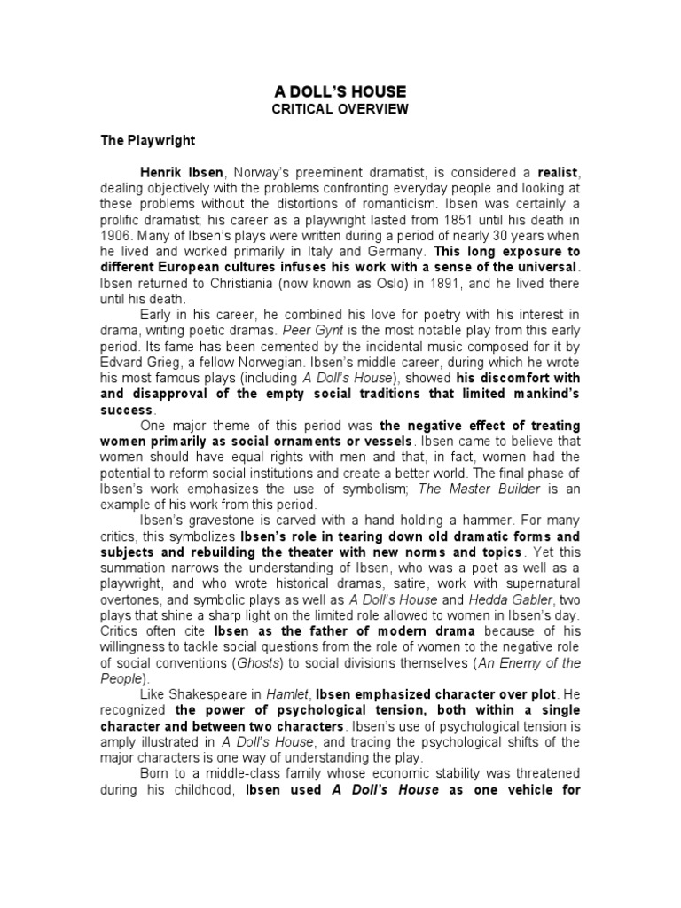 A Doll S House Critical Overview | PDF | A Doll's House | Henrik Ibsen