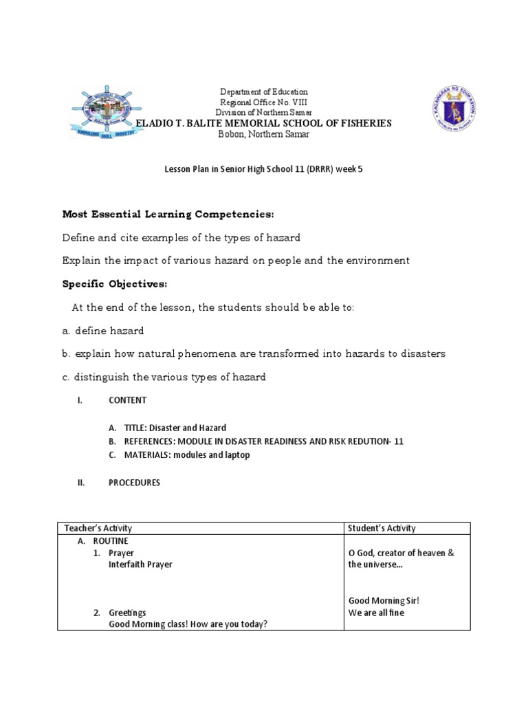 DRRR Lesson Plan Week5 | Download Free PDF | Hazards | Natural Hazards