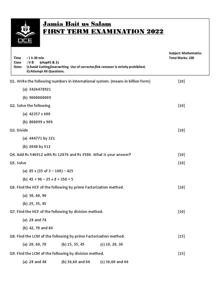 2 Class 5B First Term Aug 2022 - 1h30min - Maths Ex 1.1 To 1.7 & 2.1 To ...