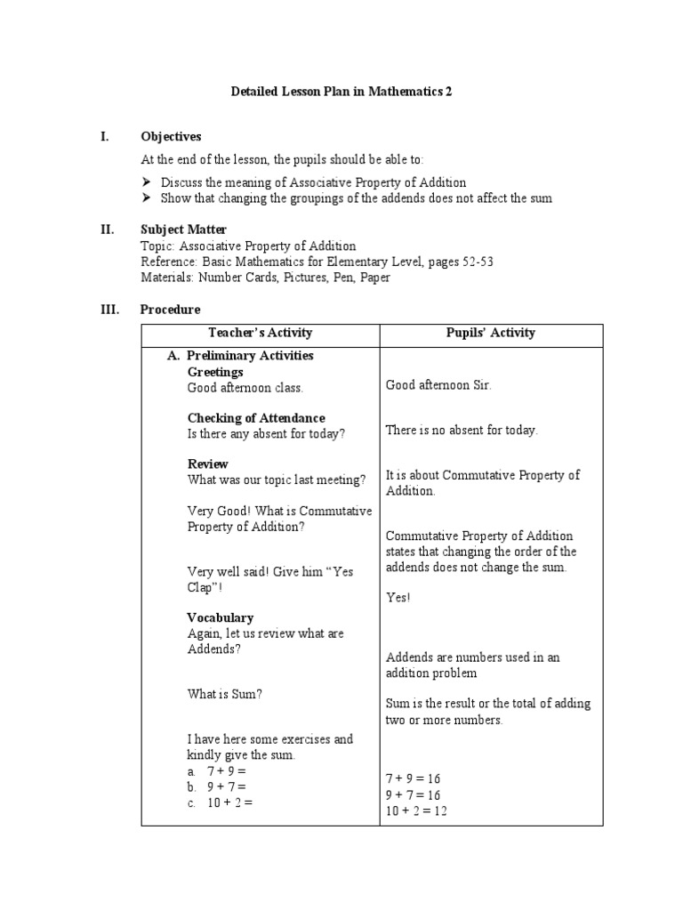 Detailed Lesson Plan in Associative Property of Addition | PDF ...