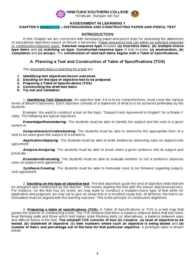 Chapter 5 Handouts Assessment in Learning 1 | PDF | Multiple Choice ...