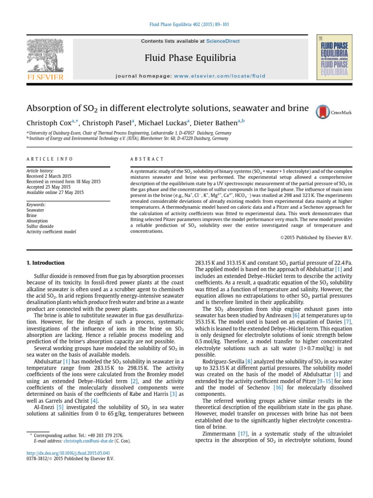 SO2 Absorption in Seawater and Brine | PDF | Chloride | Sulfur Dioxide