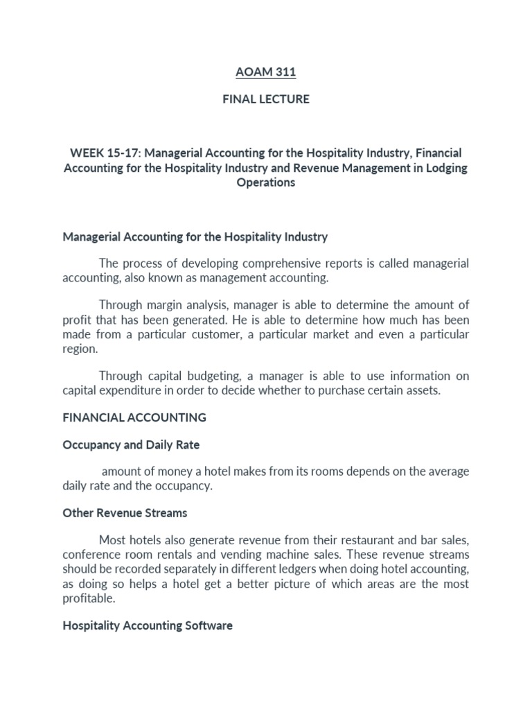 WEEK 15-17 Managerial Accounting For The Hospitality Industry ...
