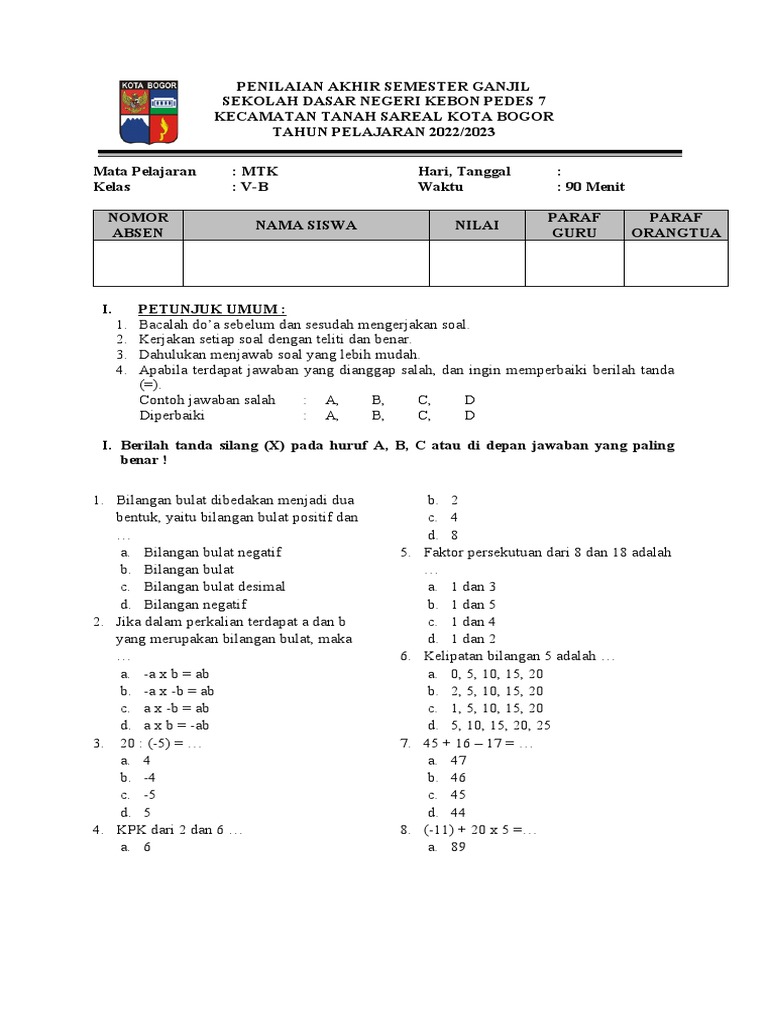 MTK Kelas 5 2022-2023 | PDF