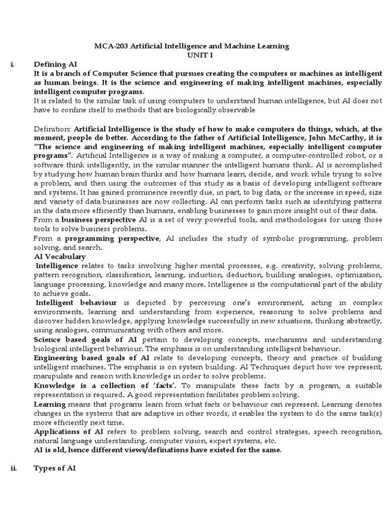 AIML UNIT I Notes | PDF | Artificial Intelligence | Intelligence (AI ...