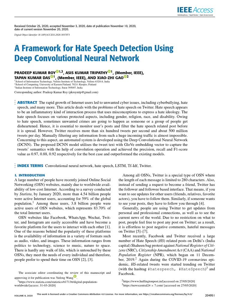 A Framework For Hate Speech Detection Using Deep Convolutional Neural Network Pdf Machine