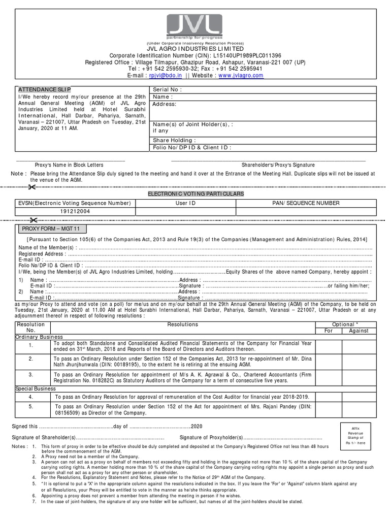 JVL Agro 29th AGM Attendance Slip | PDF