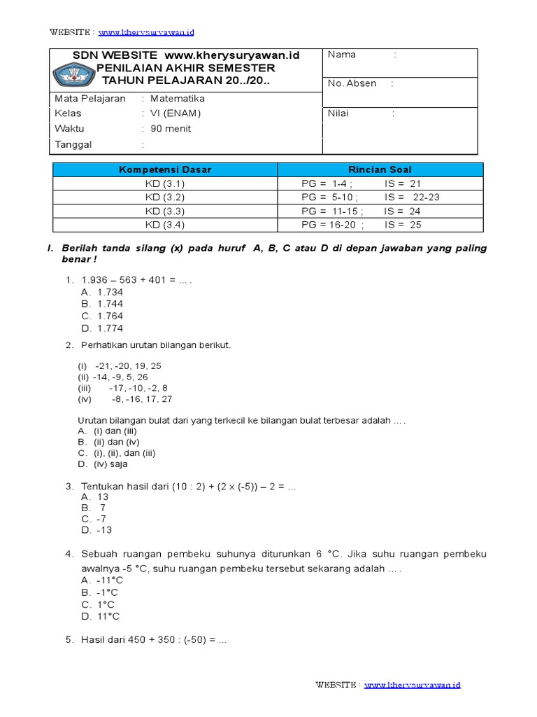 SOAL PAS 1 MTK KELAS VI K13 - WEBSITE WWW - Kherysuryawan.id | PDF