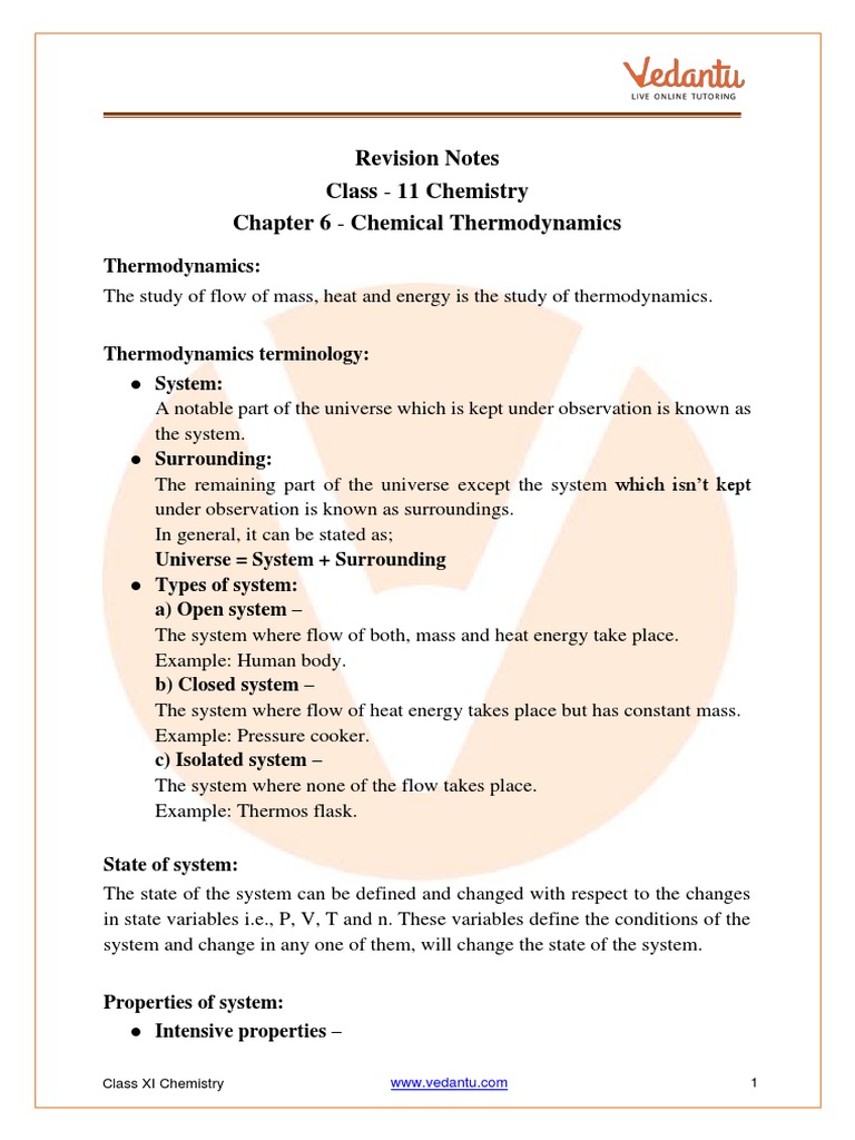 Class 11 Chemistry Revision Notes Thermodynamics | PDF | Heat ...