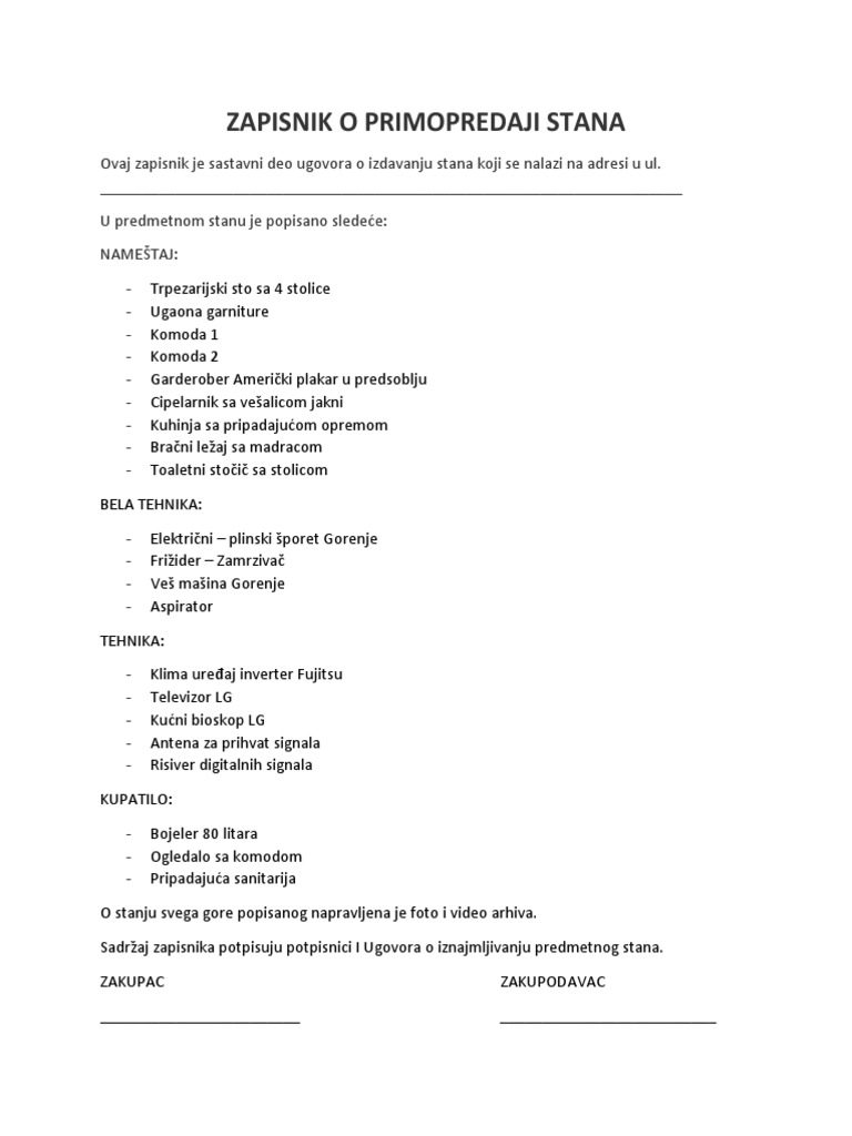 Zapisnik o Primopredaji Stana | PDF