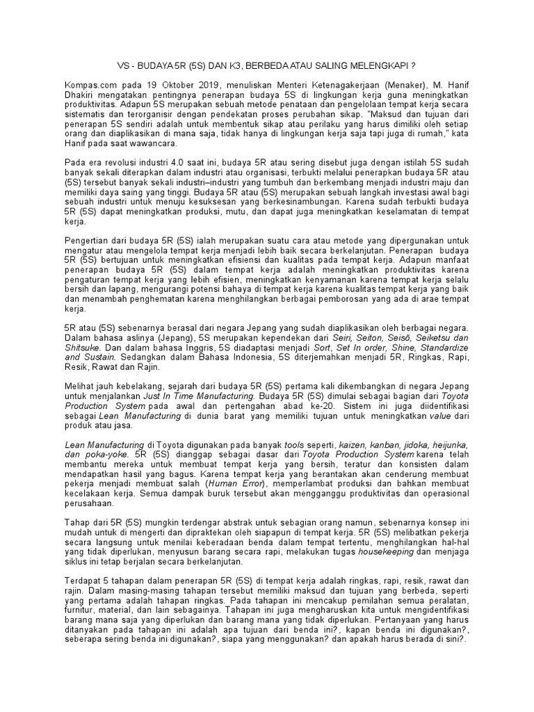 Vs - Budaya 5R (5S) Dan K3-Berbeda Atau Saling Melengkapi | PDF